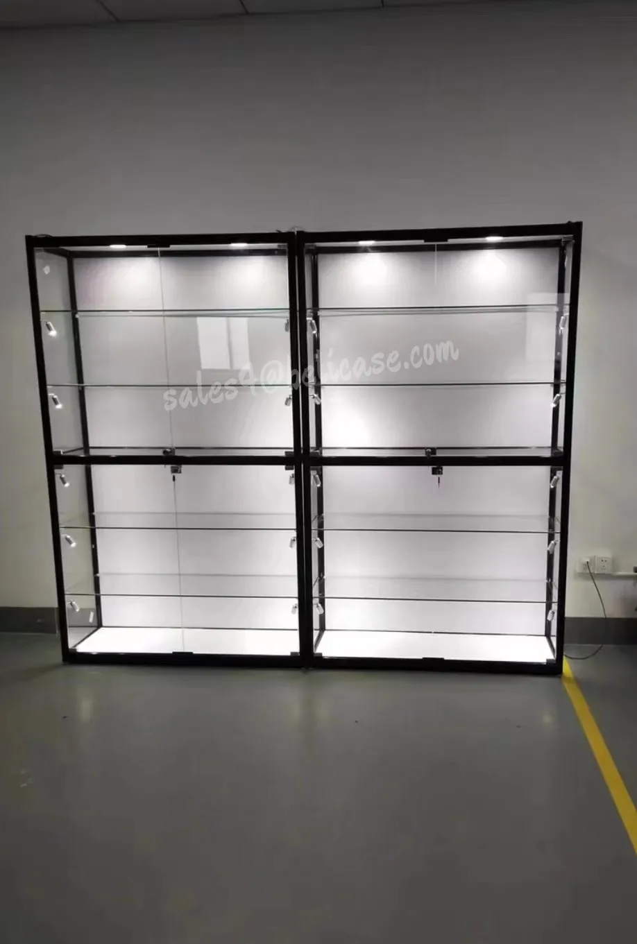 Full Vision Wall Glass Display Cabinet Removable Glass Shelves Showcase ...