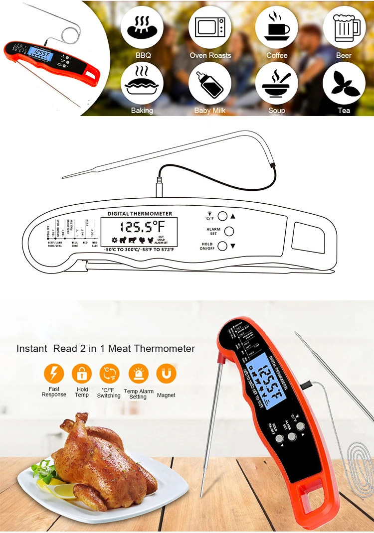 Bt-16 Digital Food Thermometer Dual Probe Waterproof Cooking ...