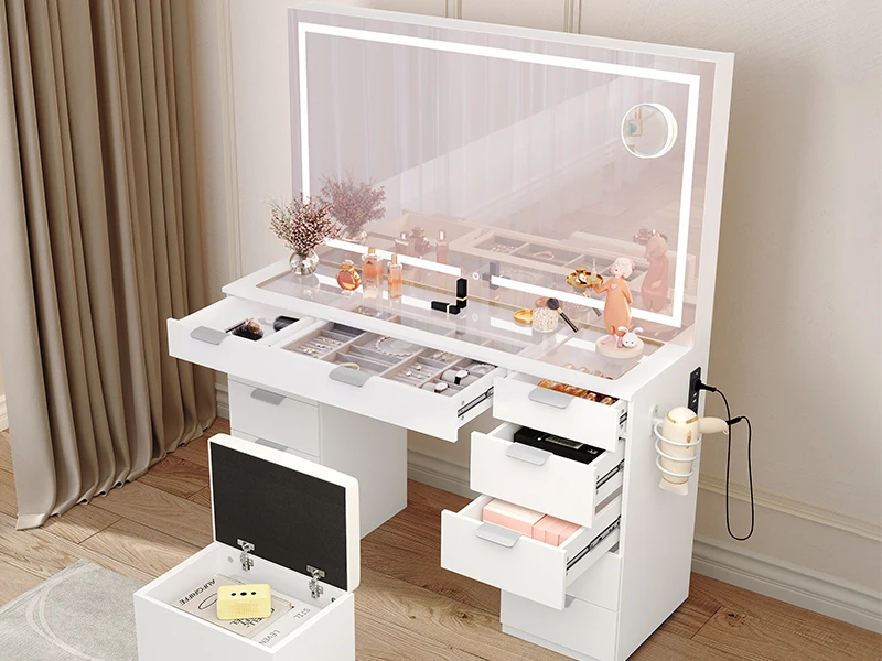 46'' Makeup Vanity with Storage Bench - Wood & LED Mirror