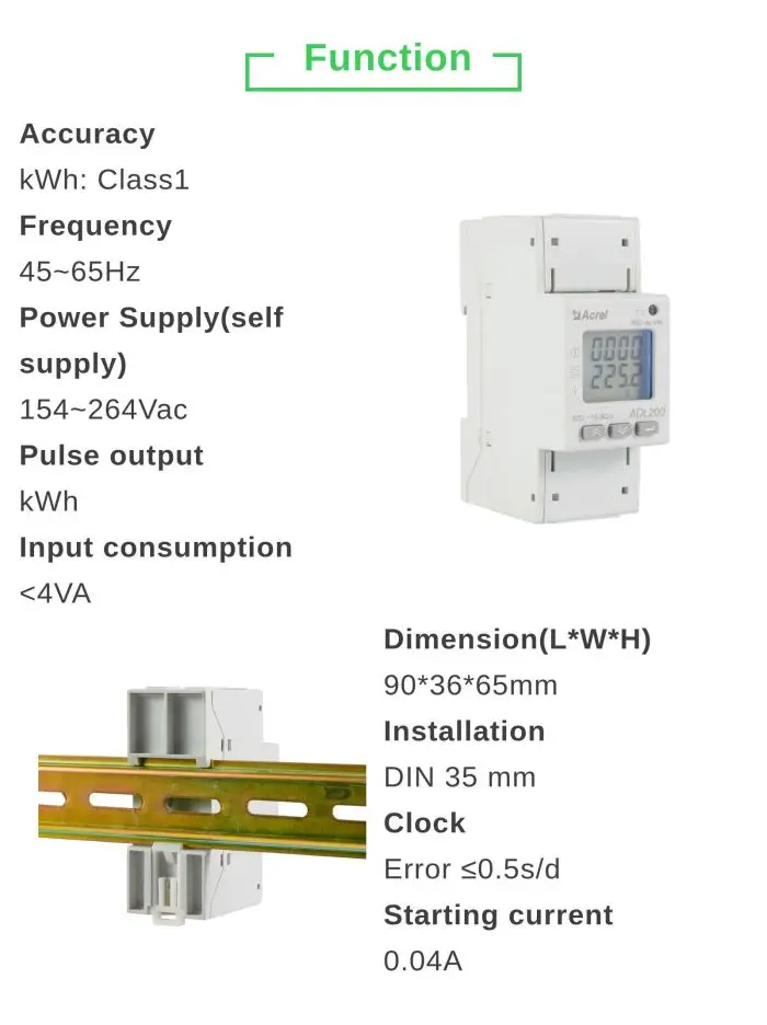 Acrel ADL200 Din rail energy meter/single phase electric meter/1 phase energy meter CE-MID ...