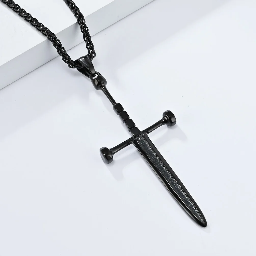 Retro Knight Ancient Sword Weapon Cross Titanium Steel Pendant Necklace ...