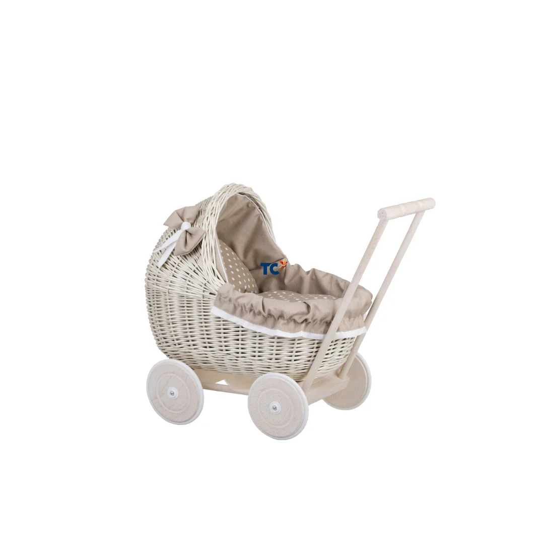 Natural Rattan Doll Stroller Includes Bows And Bedding - Wood Handle ...