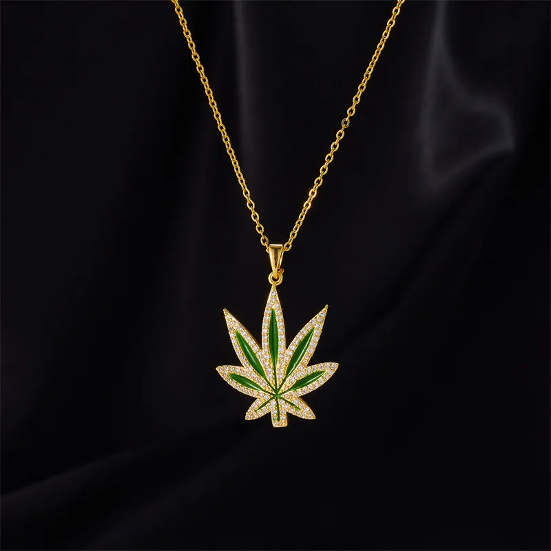 Stylish Hip Hop Jewelry Stainless Steel Chain Enamel Zircon Weed Maple ...