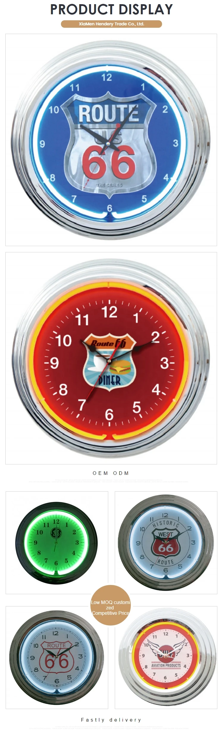 Horloge Route 66 - Vintage Blue Neon Light Wall Clock