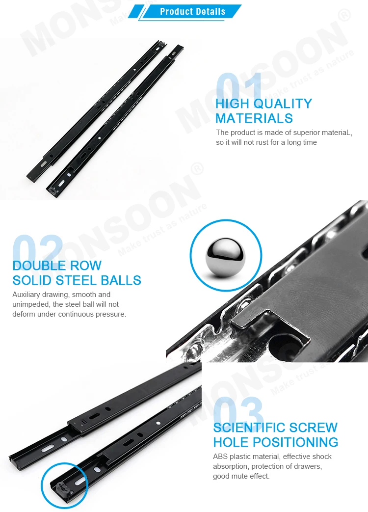 2 Fold Ball Bearing Extension Side Mounted Telescopic Guide Rail Runner ...