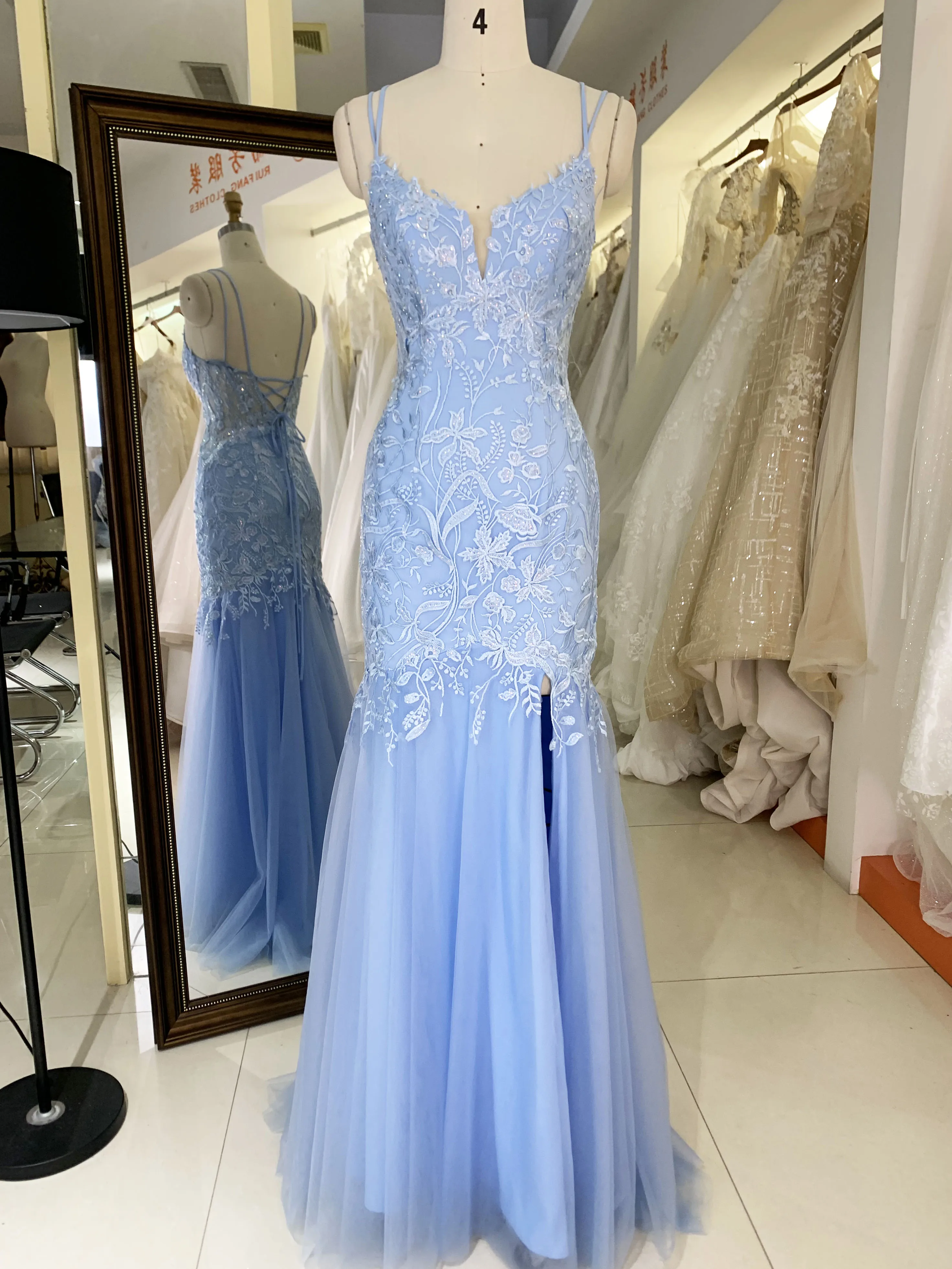 Light Blue 2023 New 3d Lace Embroidery Sleeveless Mermaid Fitted Lace ...
