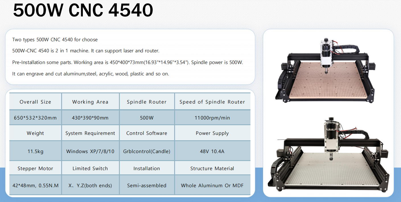 TEBAK 4540 CNC Router - 500W Spindle for Precision Milling