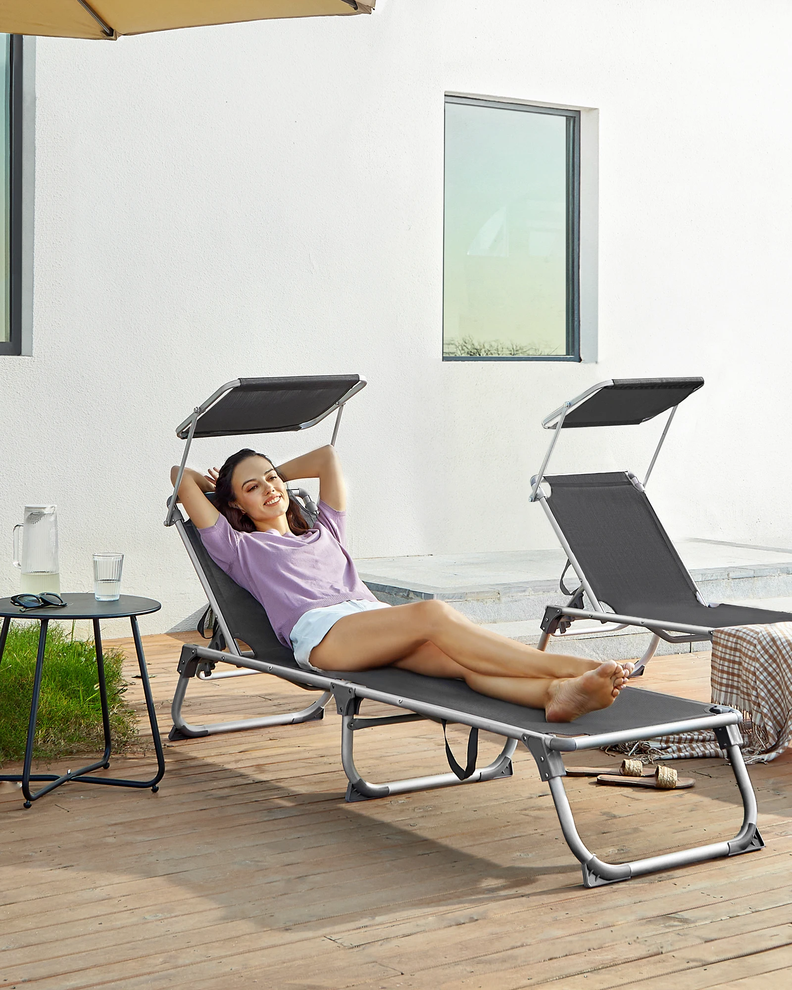 SONGMICS Aluminum Adjustable Sun Beach Lounger Bed Folding Sun Lounger ...