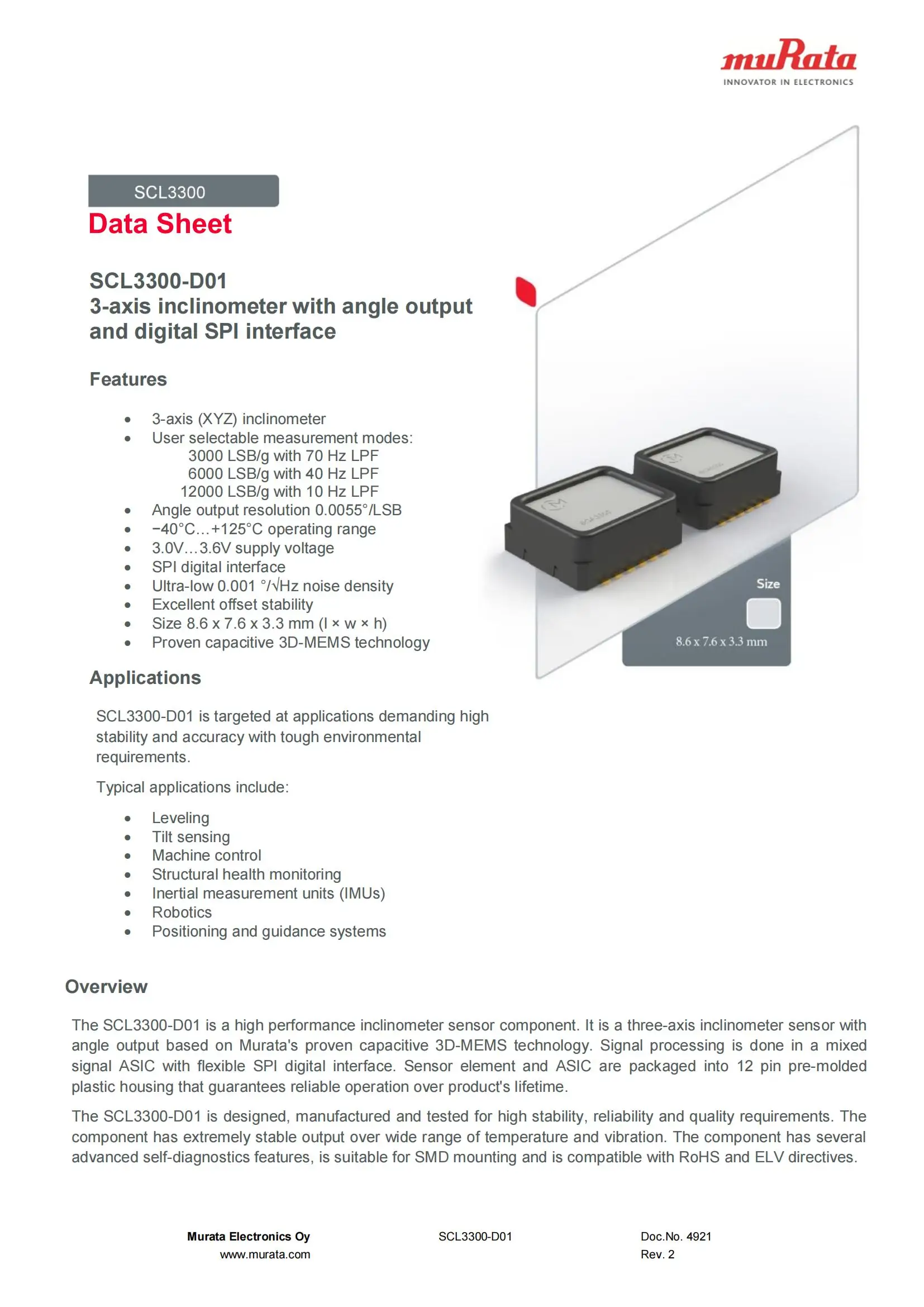 SCL3300-D01 3-Axis Inclinometer by Murata - Precision Motion Sensor