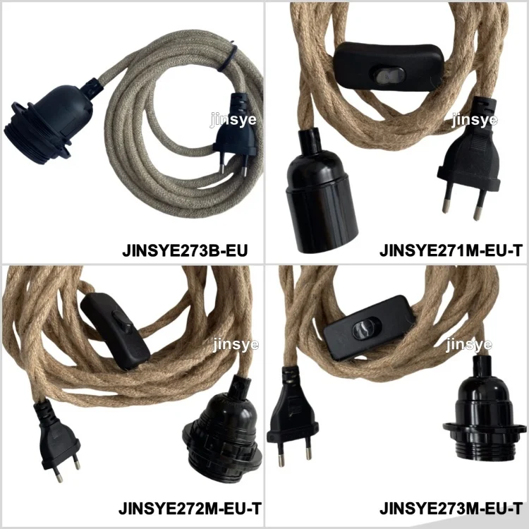 EU Style Plastic CE VDE E27 Lampholder with on off Switch 2 Meter Twisted Jute Rope Cord for ...