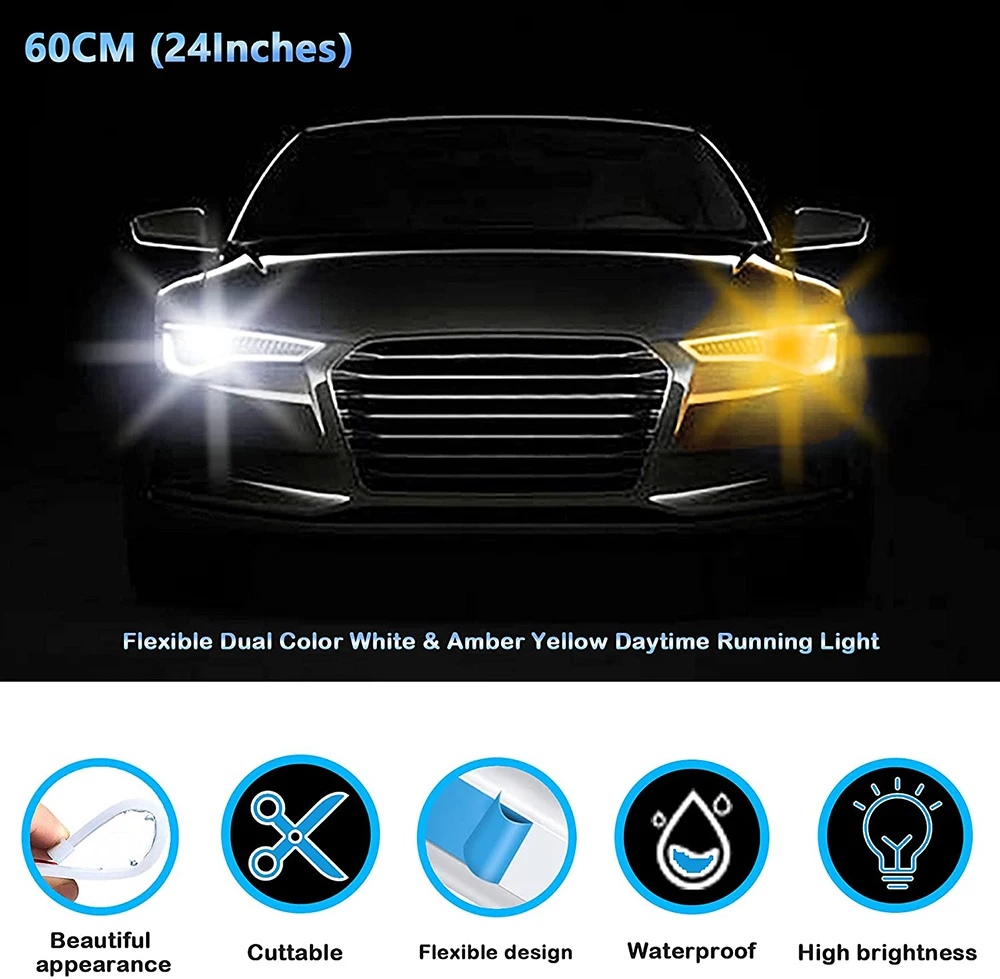 2pcs 12v Led Drl Car Daytime Running Light Flexible Waterproof Strip ...