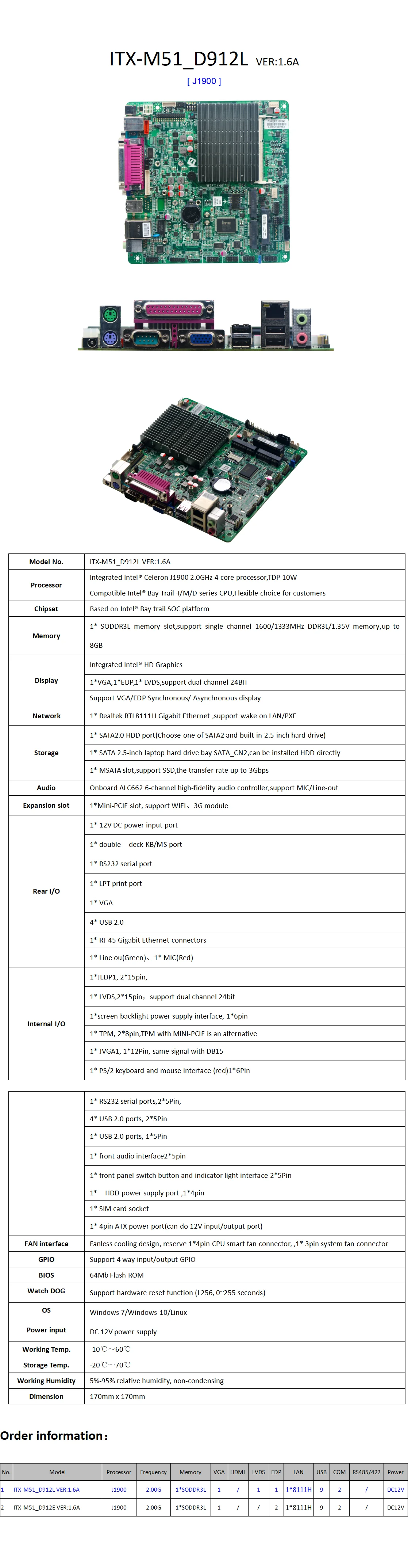 Itx-m51_d912l Motherboard Mini Itx With J1900 Ddr3 Rs232 Sim Slot Lpt ...