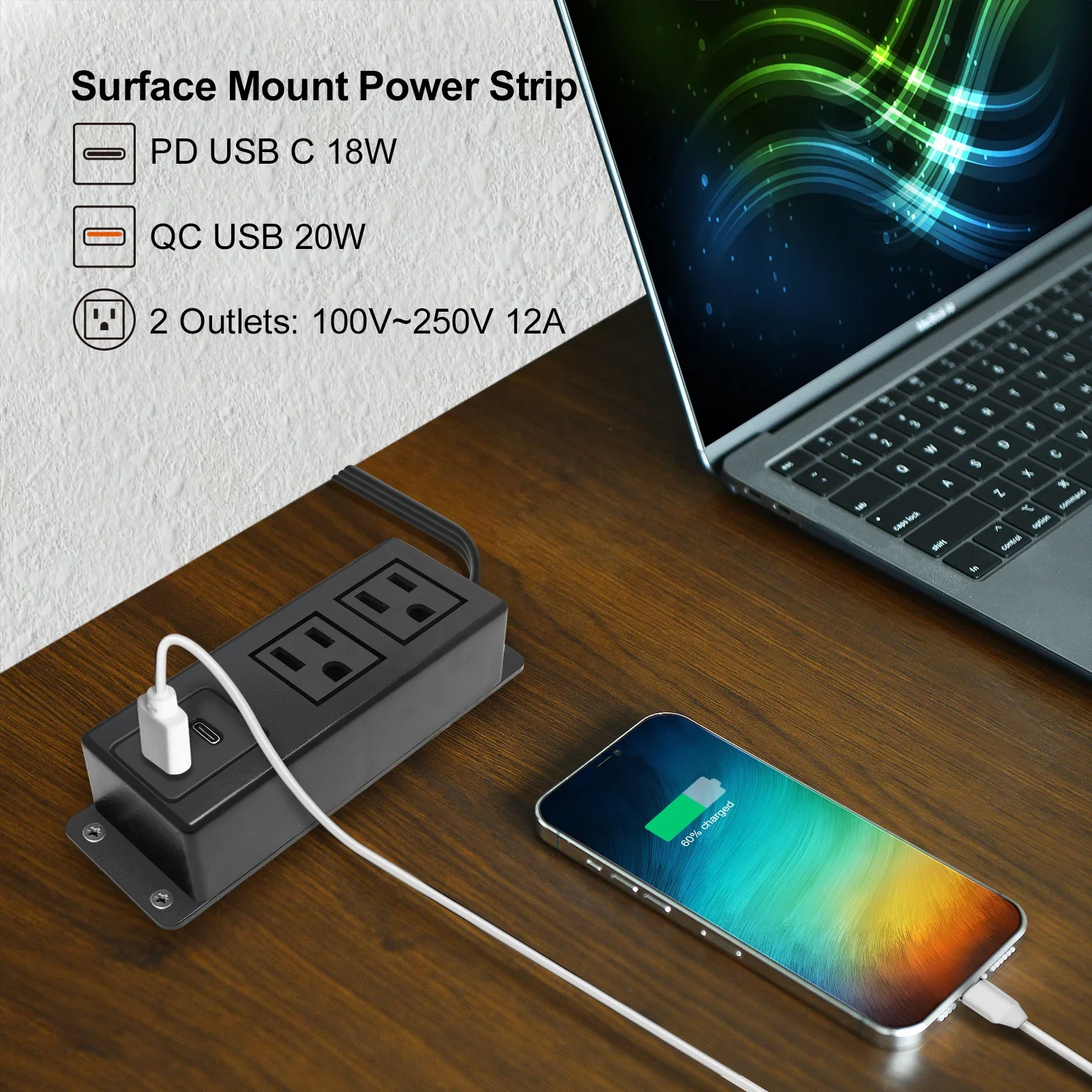 Under Desk Desktop Mounted US Power Strip with 2 USB Ports