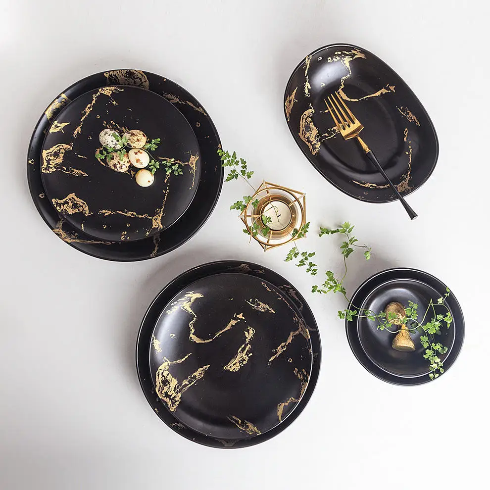 Nordic Style Dinnerware Sets - Matte Golden Marble Glaze