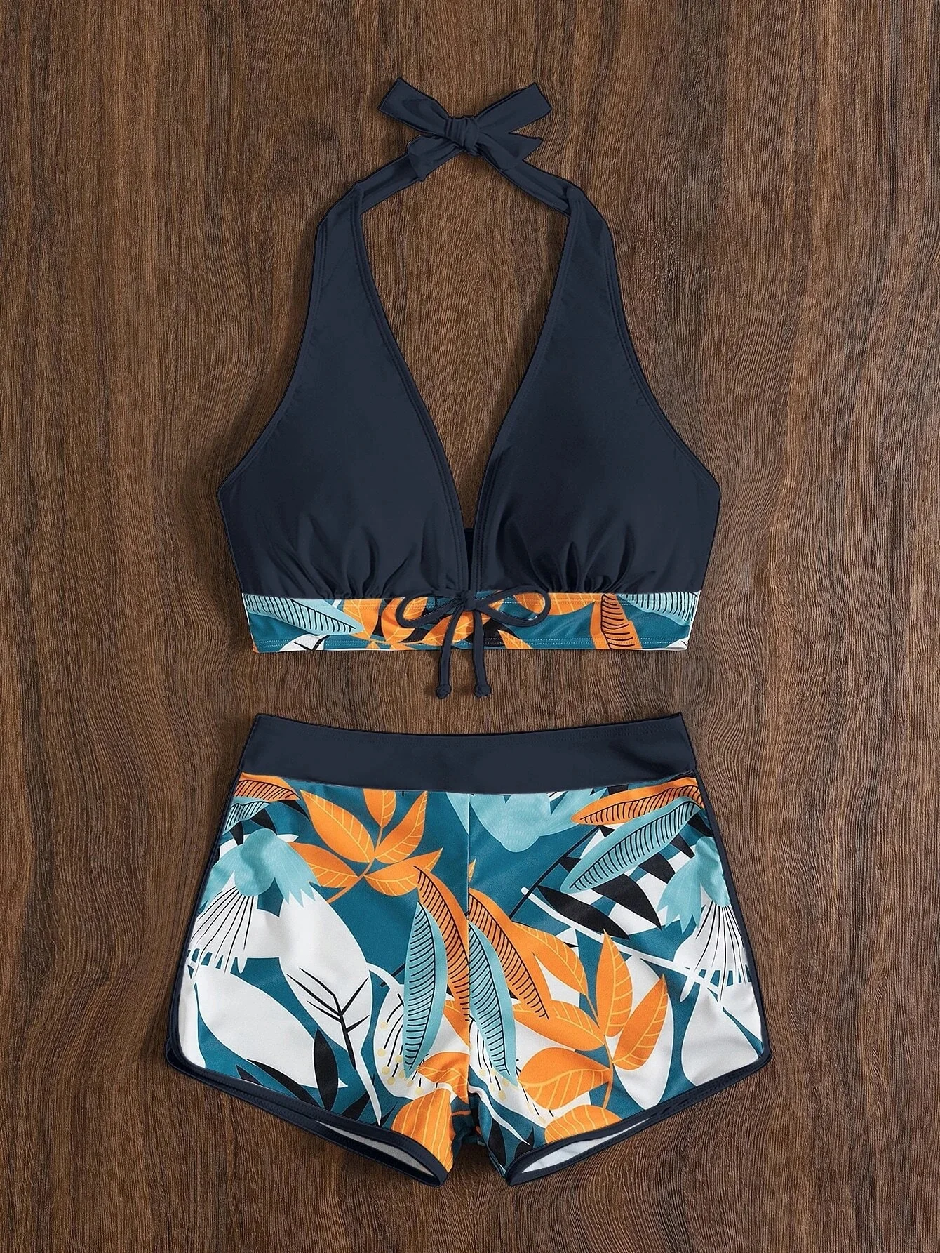 Female Split High Waist Flat Angle Lace Up Printed Solid Color Swimsuit ...