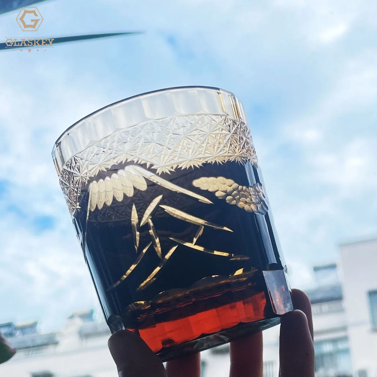 Edo Kiriko Whiskey Glass Pure Hand-Cut Shot Glass Amber Green Mount ...