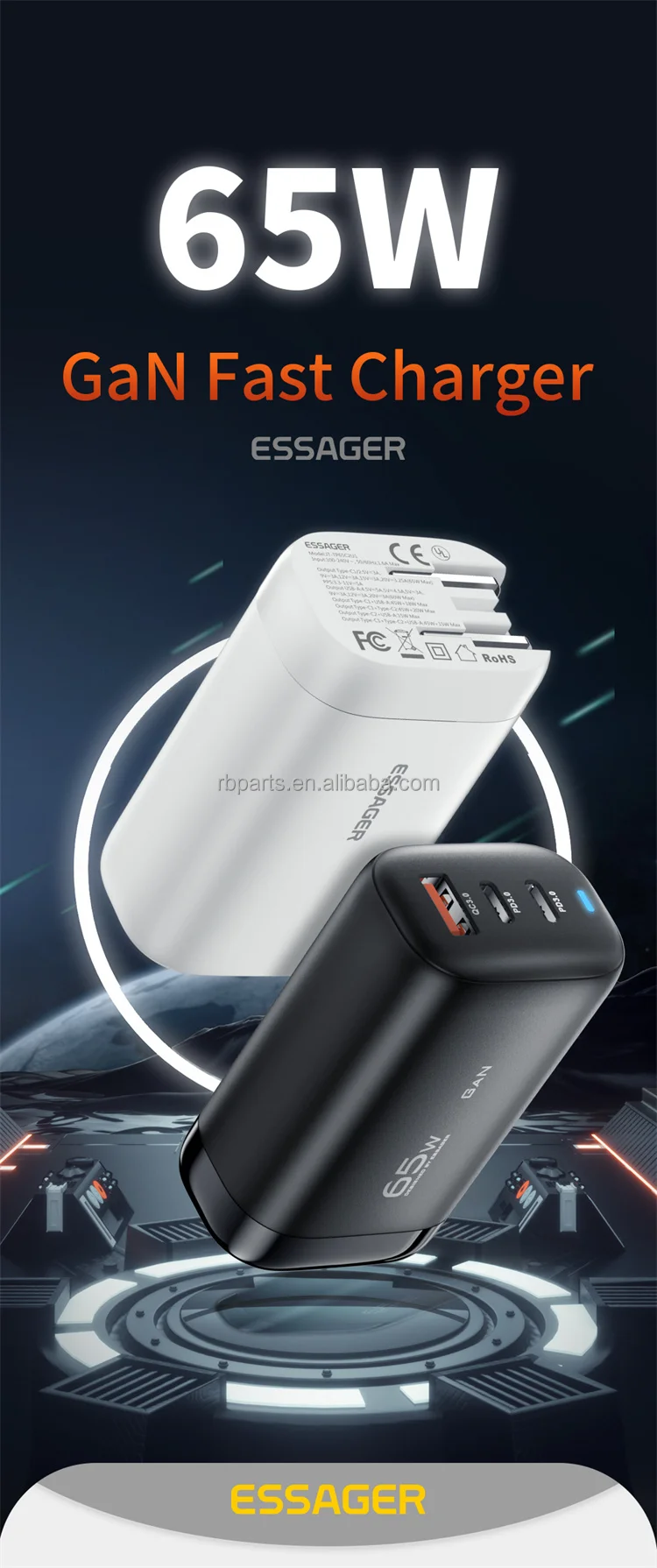 65w Gan Usb-c Fast Charging Adapter Portable Power Station 3 In 1 Qc 3. ...