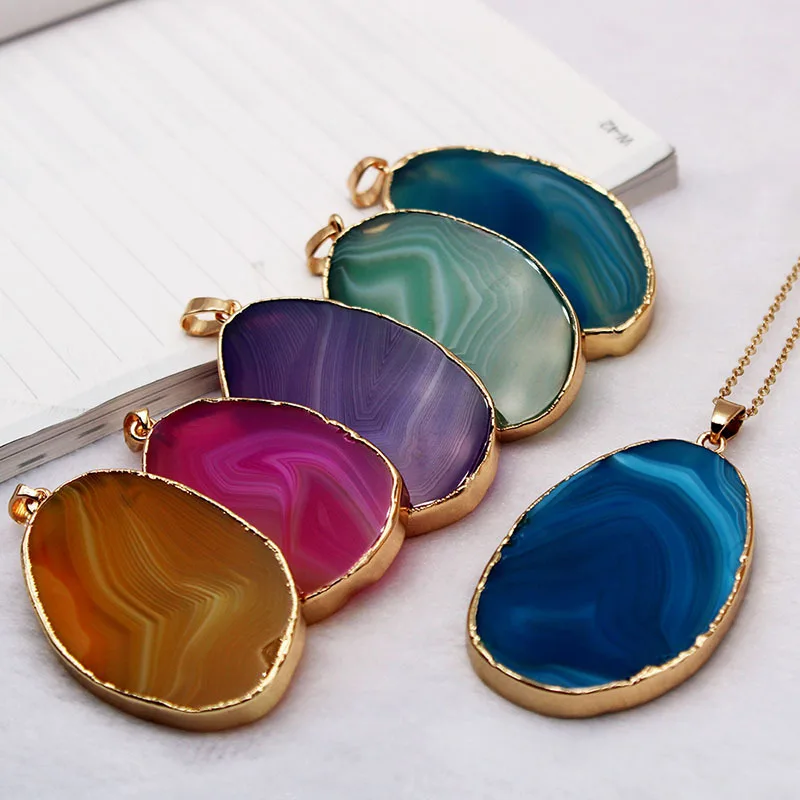 Agate Natural Stone Pendant Gold Plated Raw Stone Agate Slices Crystal ...