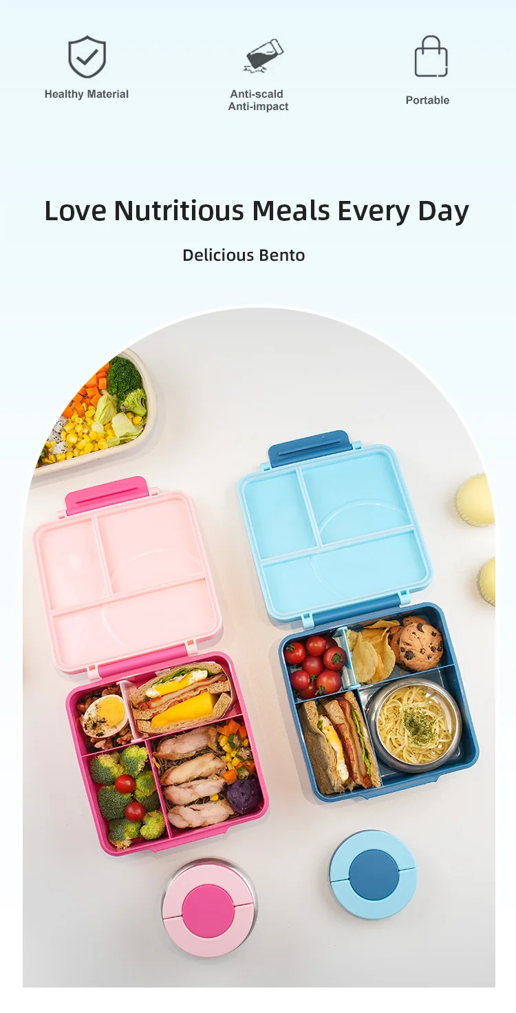 Kids Lunch Box 4 Compartment Bento Box with Stainless Steel Soup Cup No ...