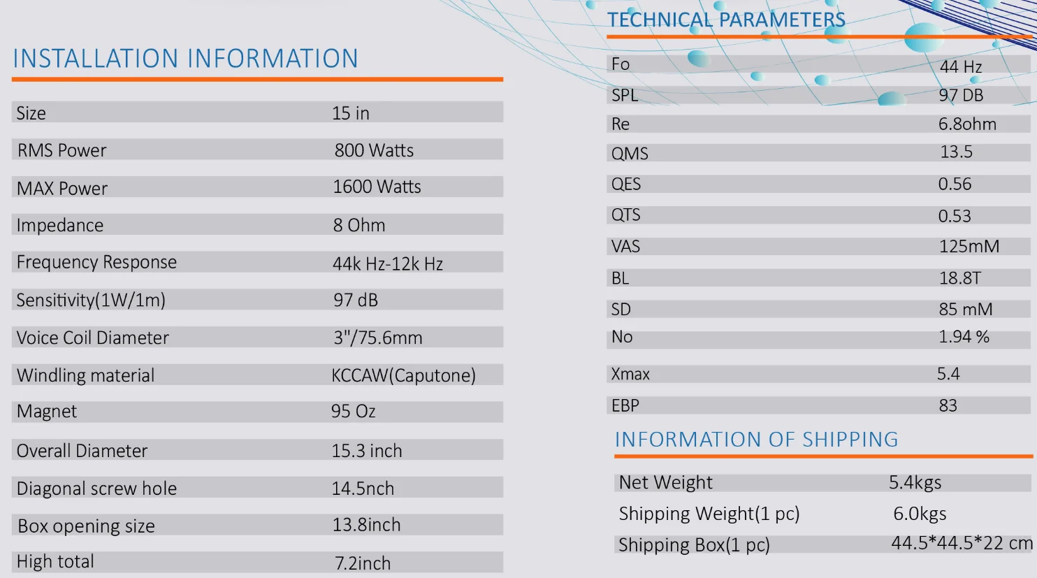 High End 1200W Max 600W RMS 15 Inch Mid Bass Woofer Audio Loud Speaker ...