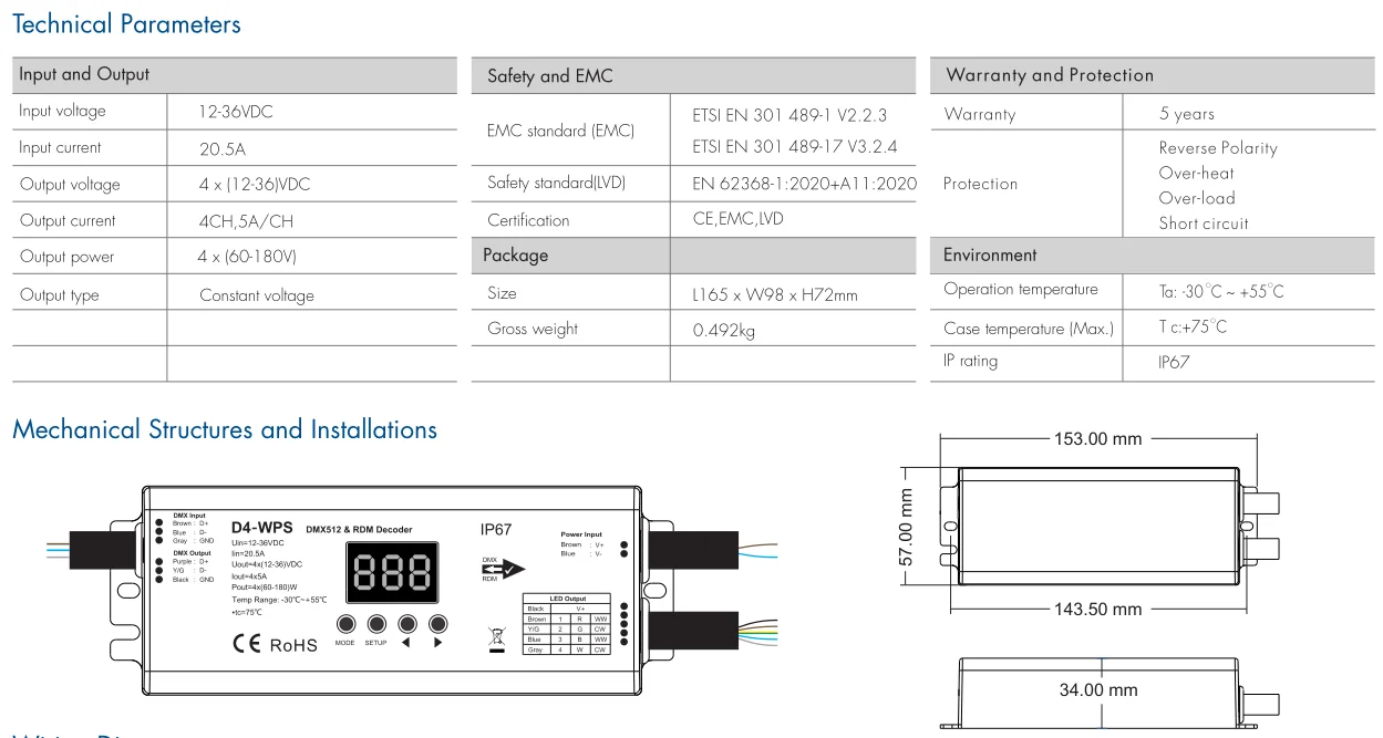 New D4-wps Ip67 Waterproof Rgb/rgbw Dmx512&rdm Decoder 4 Channel ...