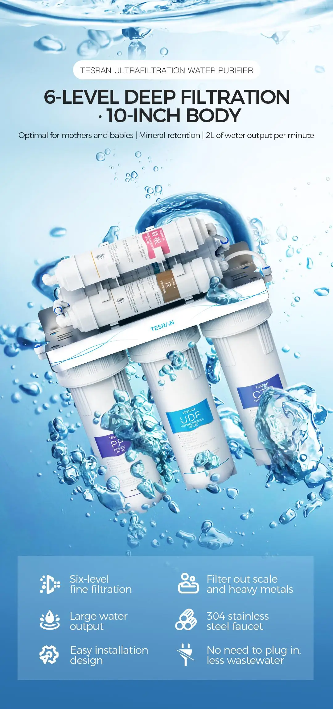 Ultrafiltration Water Purifier 6-Stage Large Flow Under Sink Household ...