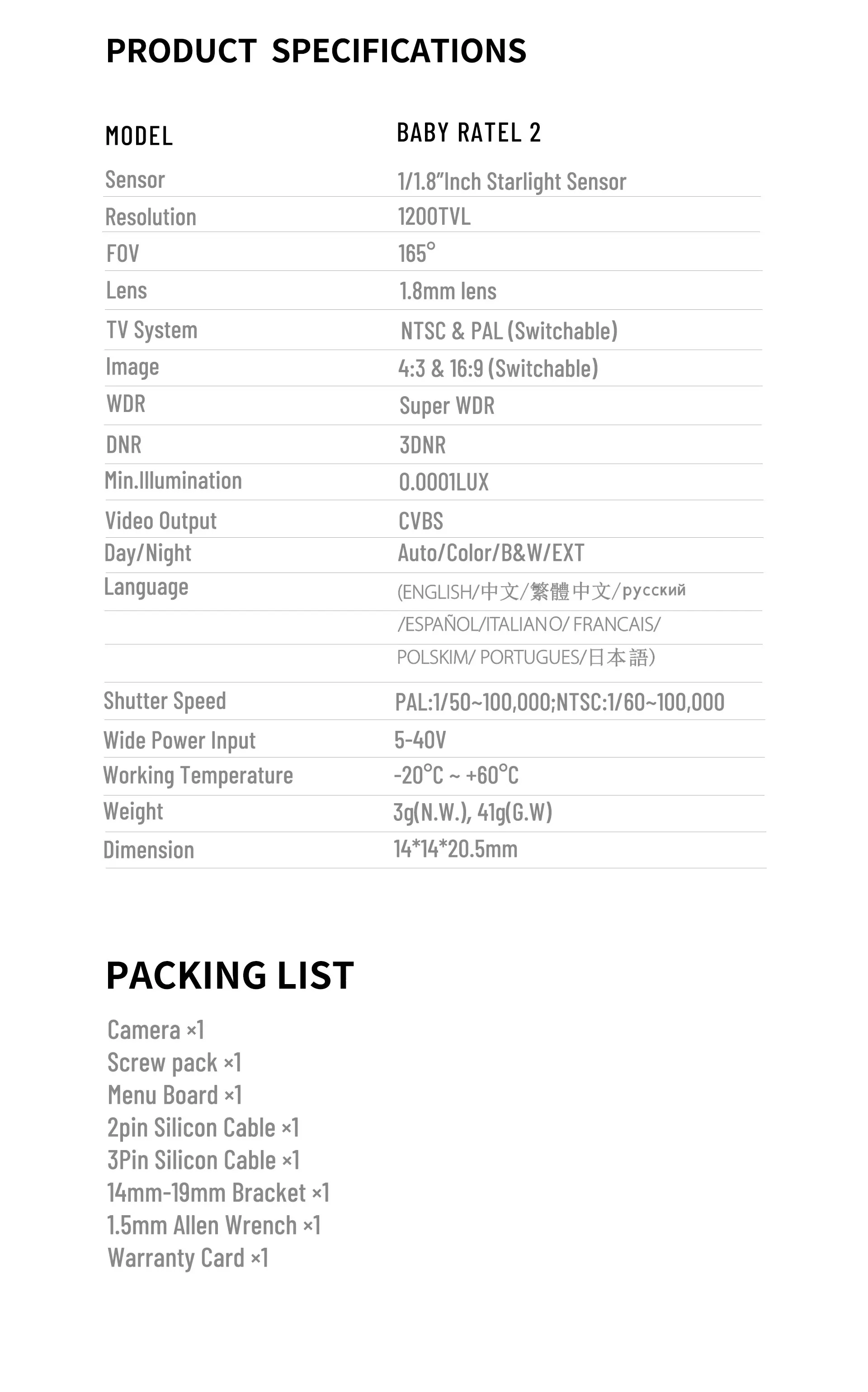 Factory Caddx Ratel 2 1/1.8'' Starlight 1200TVL 2.1mm NTSC PAL 16:9 4:3 ...
