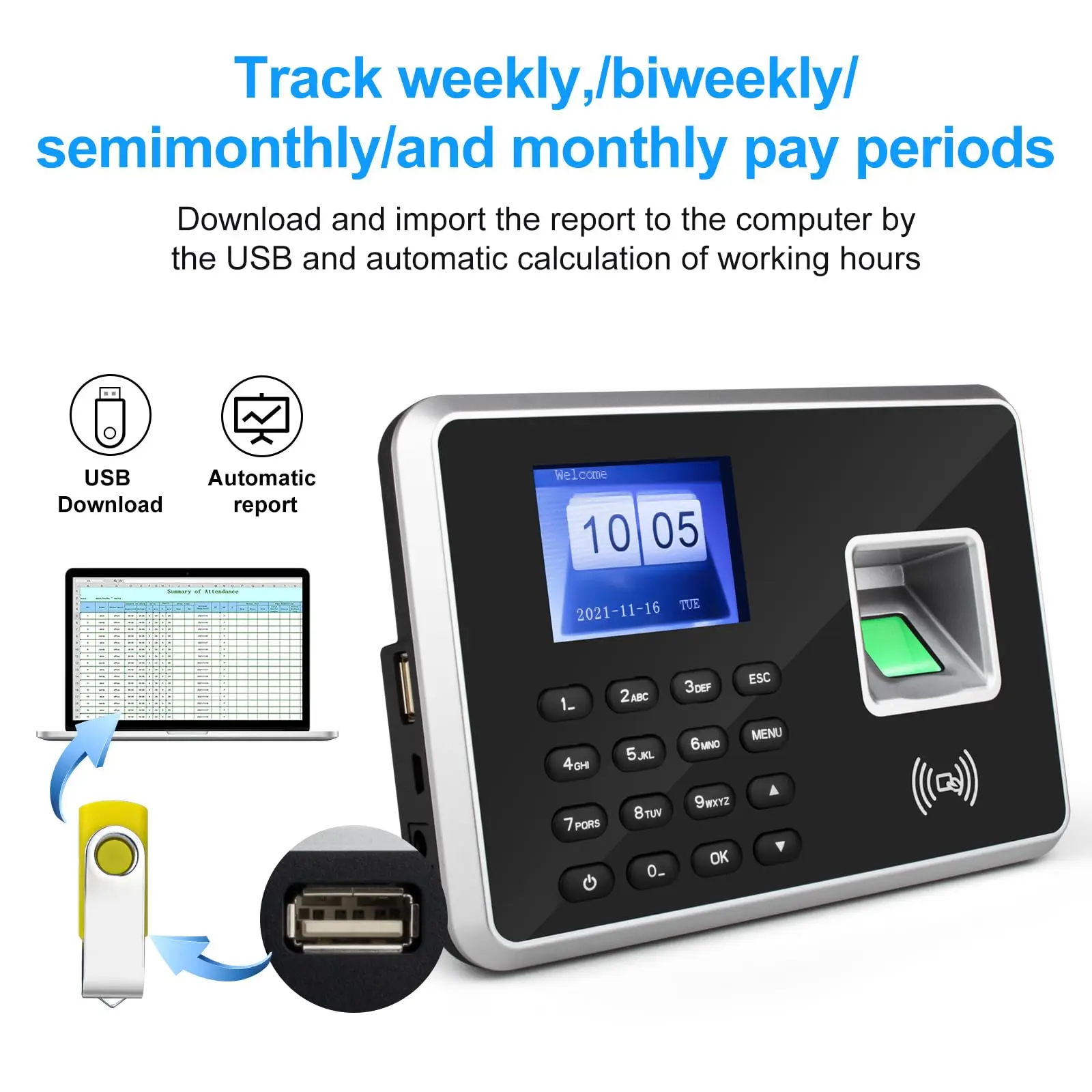A2 Punch Fingerprint & ID Card Time Clock Tracker for Smbs