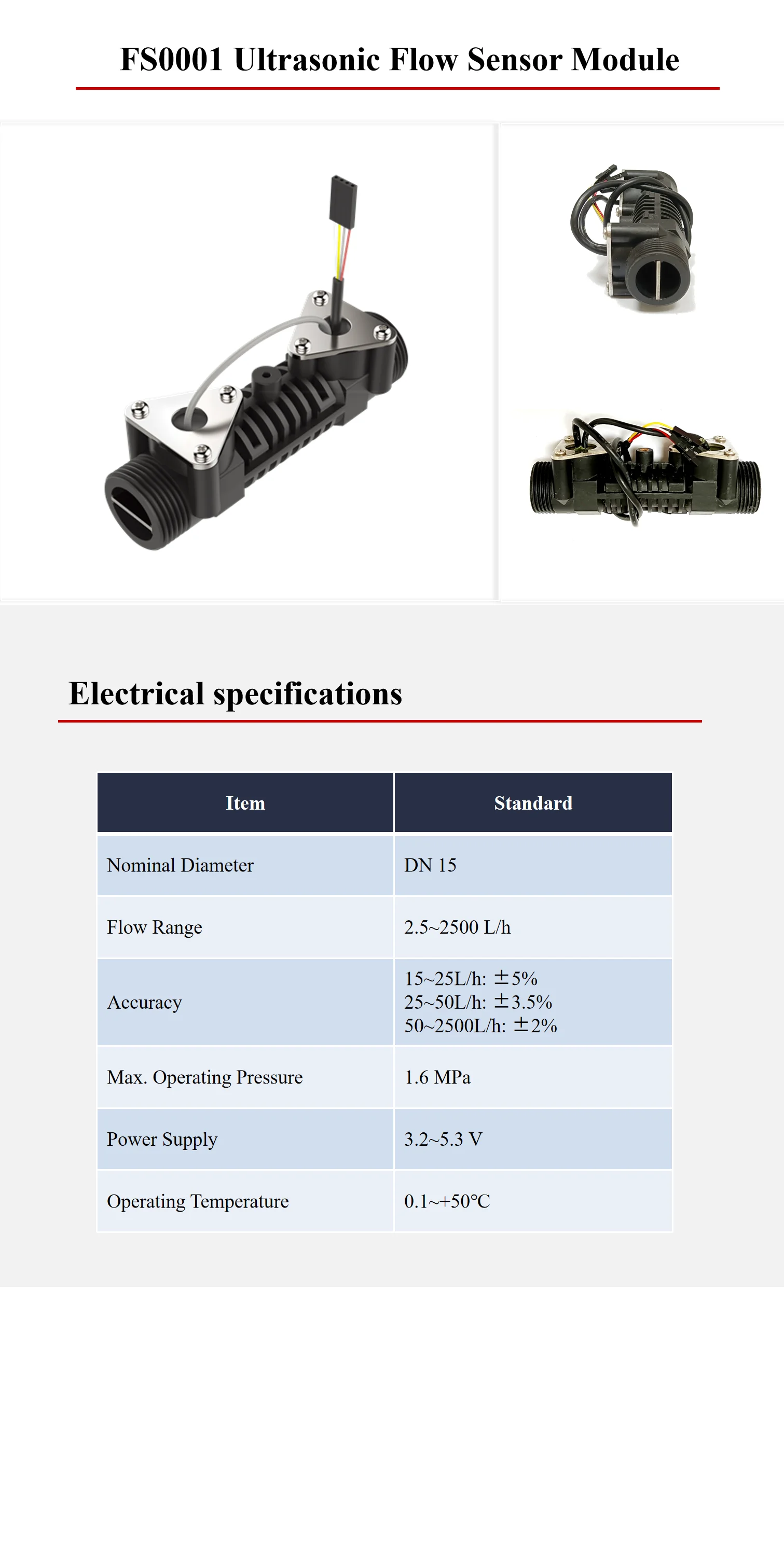 Dn15 Pipe Ultrasonic Flow Sensor Module With Two Piezoelectric ...
