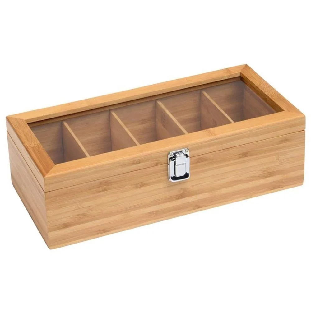 Wood Bamboo 5 Compartments Tea Bag Storage Organizer Wooden Box With ...