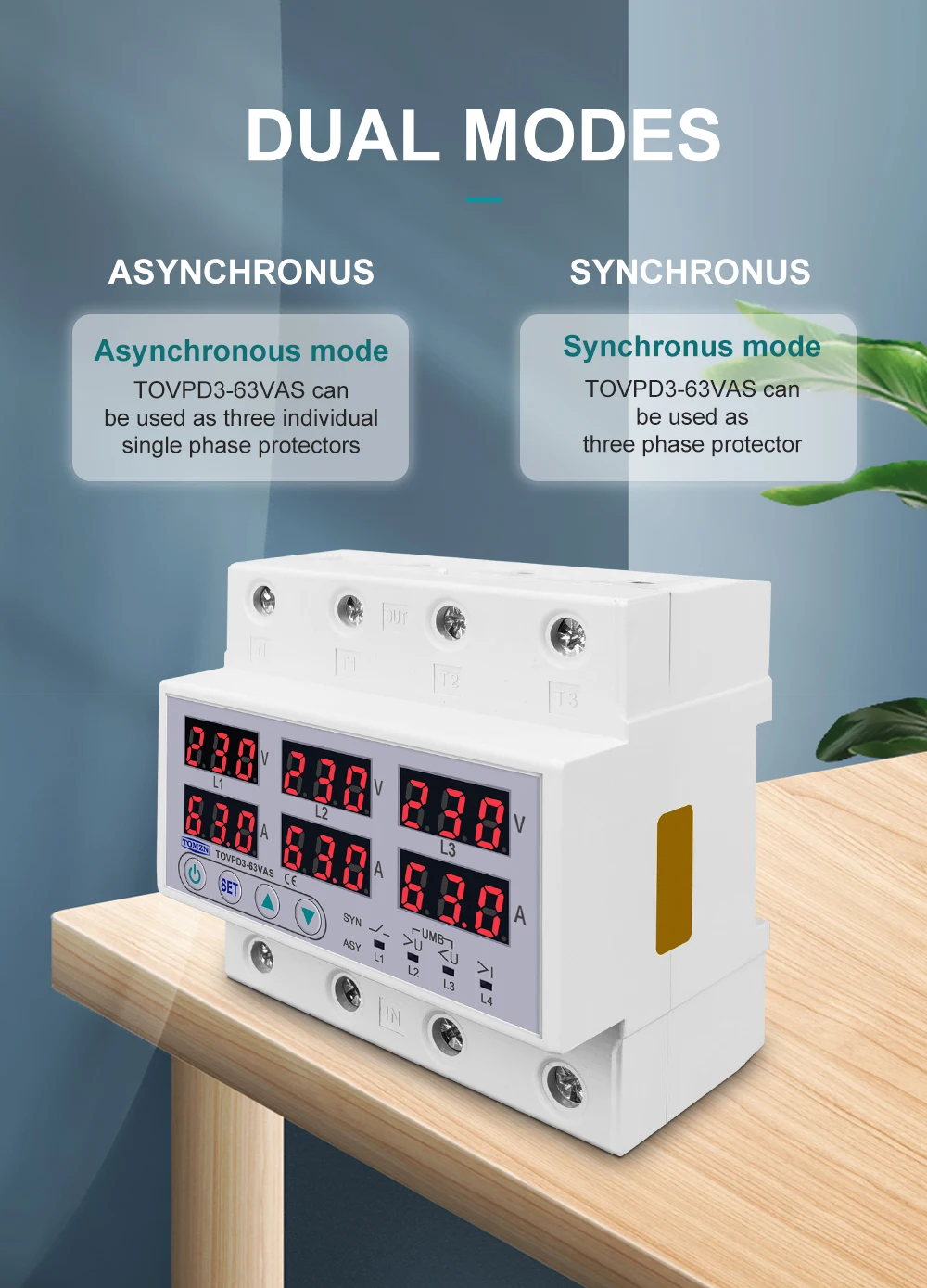 3 Phase 63A Din Rail Adjustable over under Voltage Protection Relay