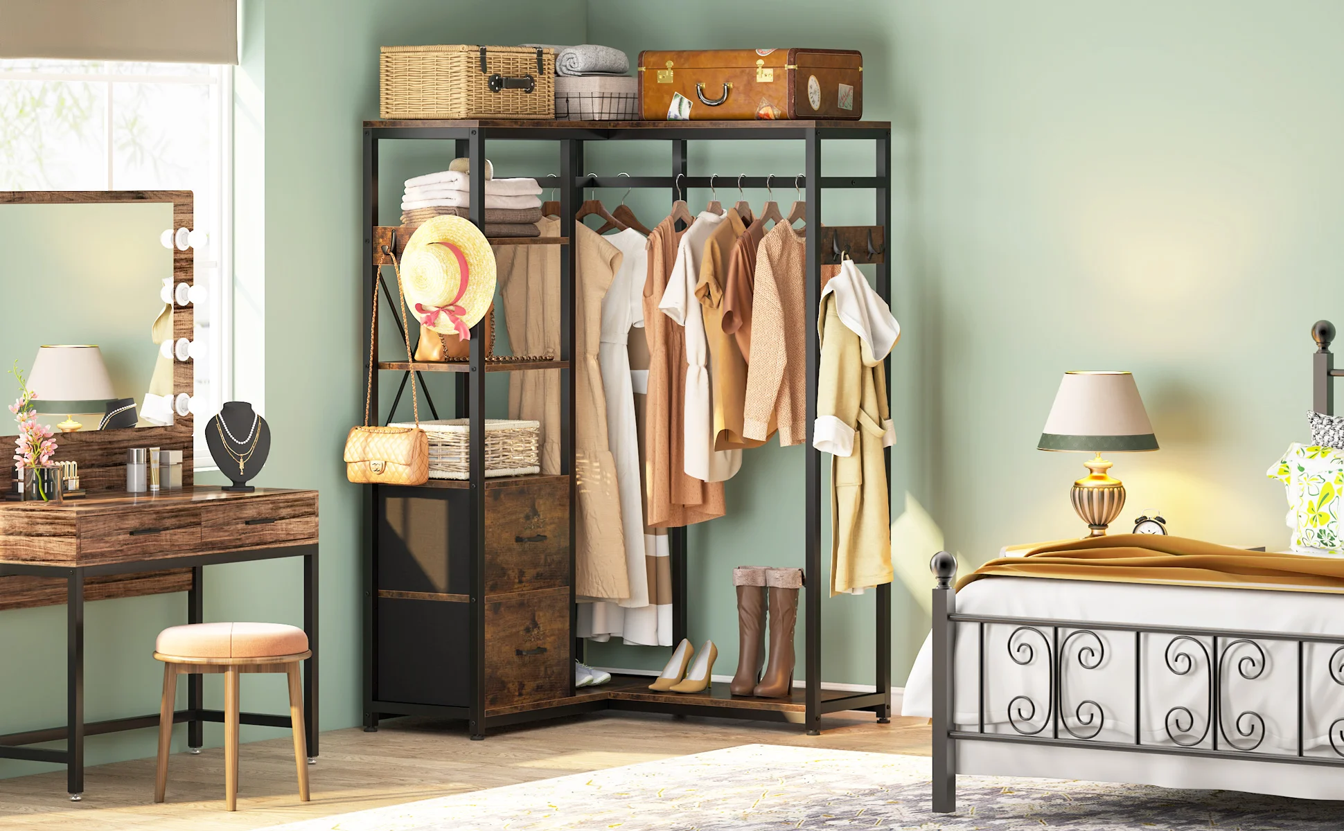 Tribesigns L Shaped Wardbrobe Garment Rack Corner Closet Organizer ...