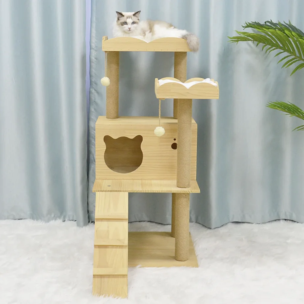 43 Inches Solid Wood Cat Tree With Cat Head Condo Wood Cat Furniture ...