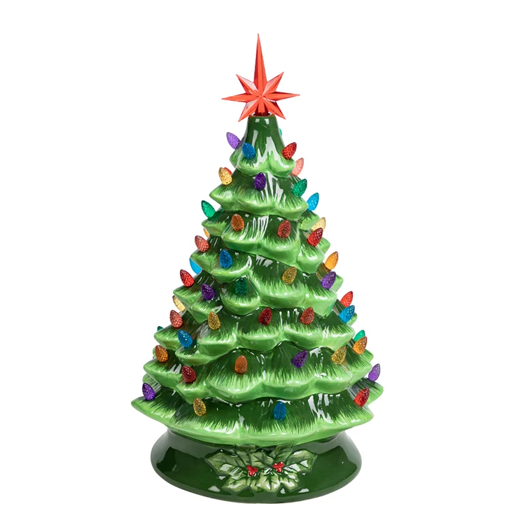16 Inch Table Top Green Ceramic Christmas Tree With Led Light Holiday ...