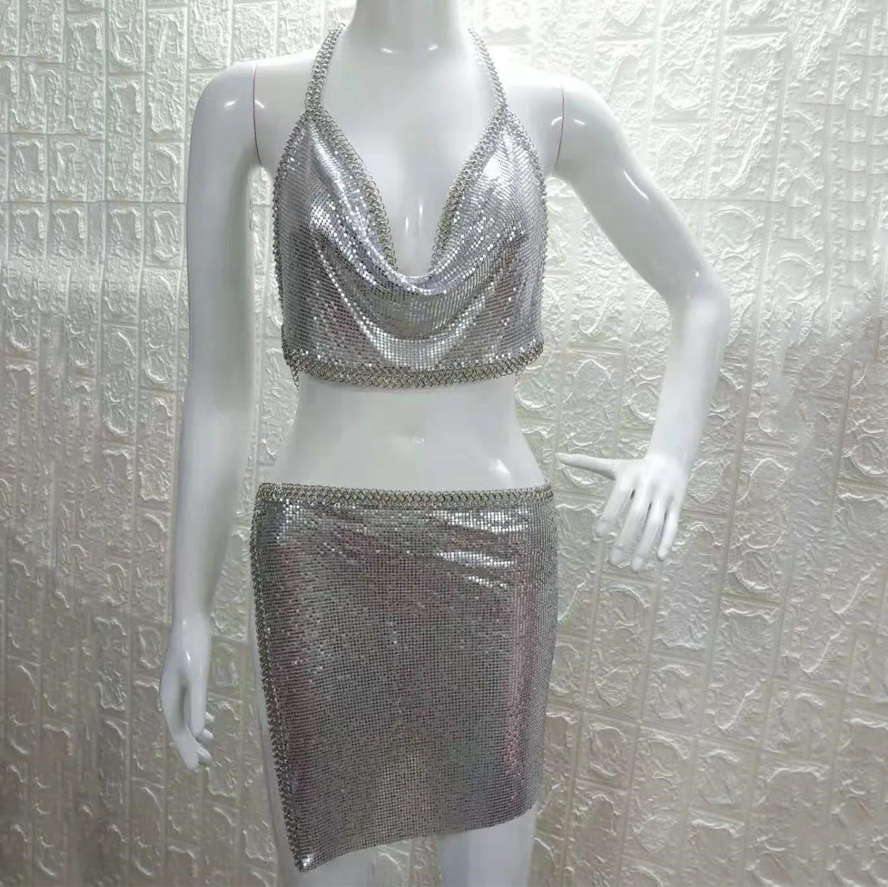 Sexy Women Backless Metal Chains Sequins Low Cut Dress Night Club Party ...