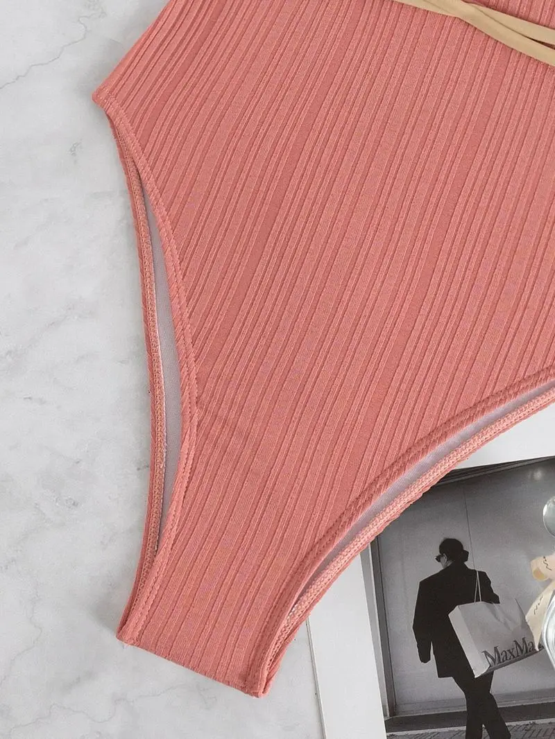 Ribbed Swimwear Deep V Bathing Suit Swimming Suit For Women One Piece ...