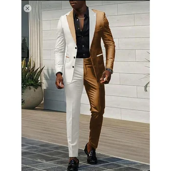 Designer Splice Color Men Suit Wedding Peaked Lapel 3 Buttons Groom ...