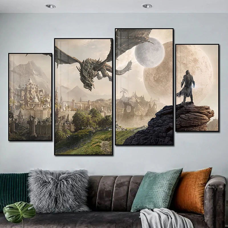 4 Piece Skyrim Waifu Poster N-aruto Canvas 3d Anime Posters Lote Flip ...