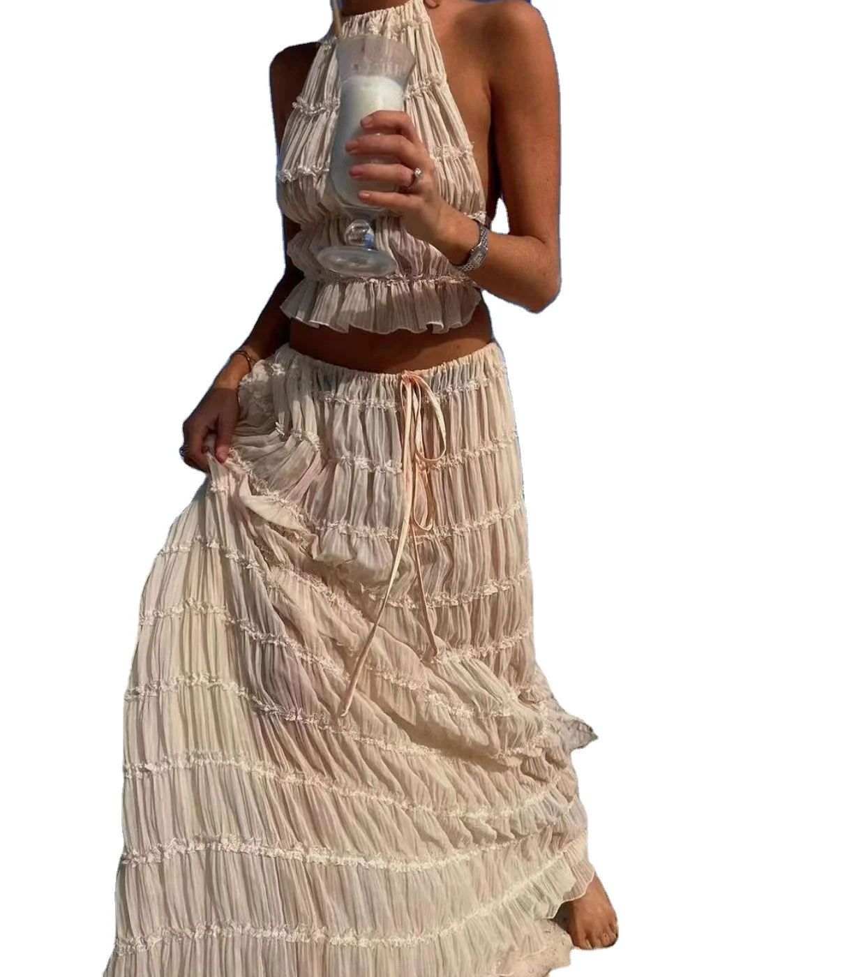 Womens Casual Backless Halter Sexy Lace Vest Tops And Ladies Long Skirt ...