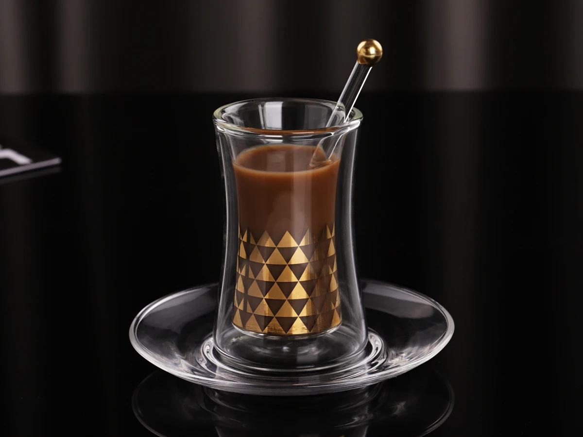 Arabic Coffee Tea Set with Gold Pattern on Glass Body and Saucer ...