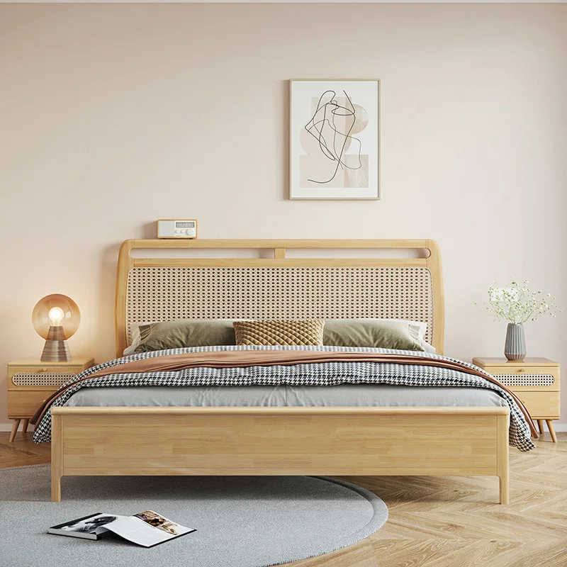 Rattan Solid Wood Bed king Size Double Real Rattan Nordic Wabi-sabi ...