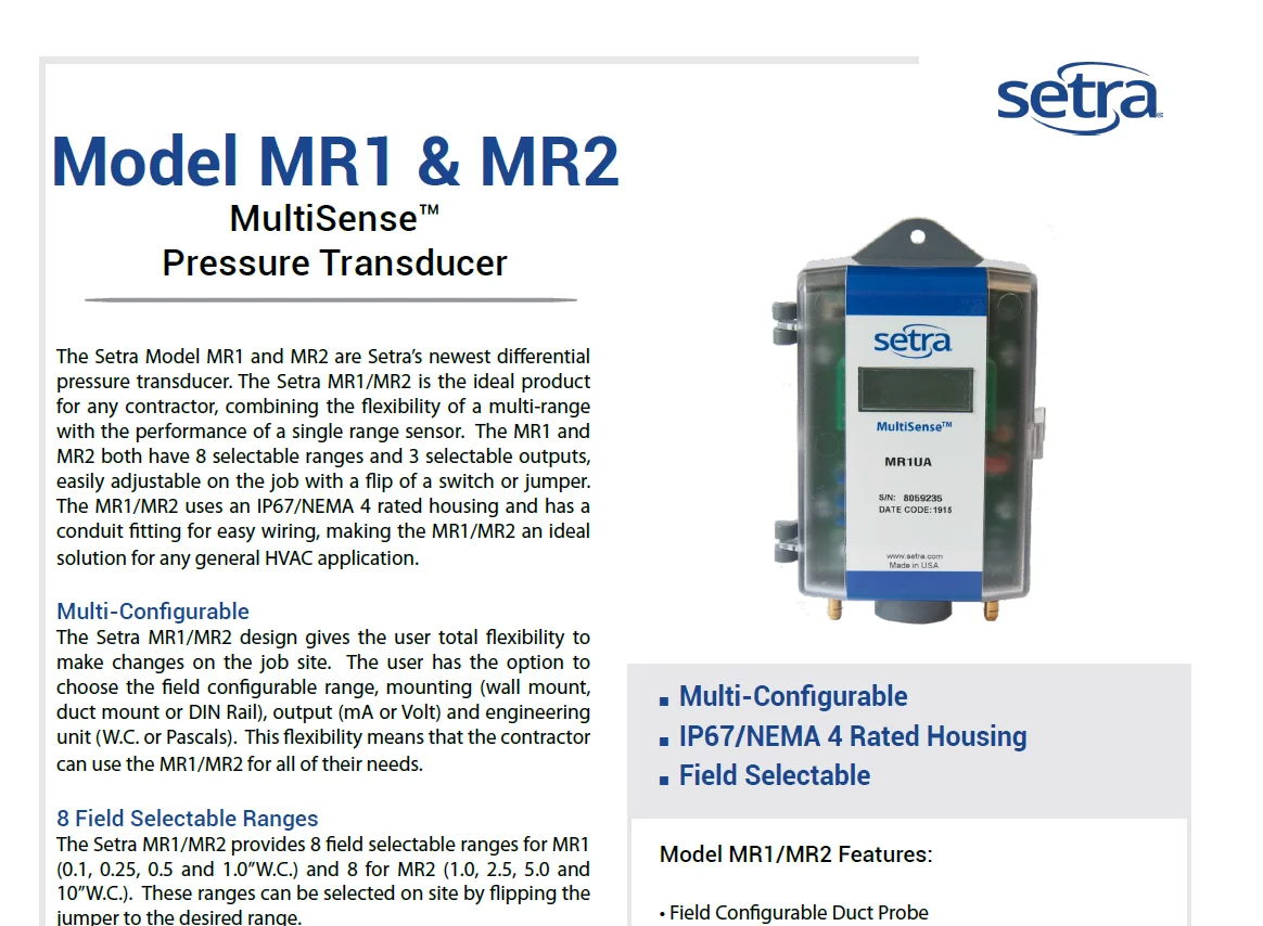 Setra pressure sensor model MR1 & MR2 MultiSense Pressure Transducer ...