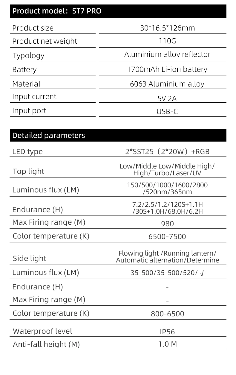 ST7 Pro Aluminum 2800LM Flashlight Waterproof USB Rechargeable Handheld Light with RGB LED and ...