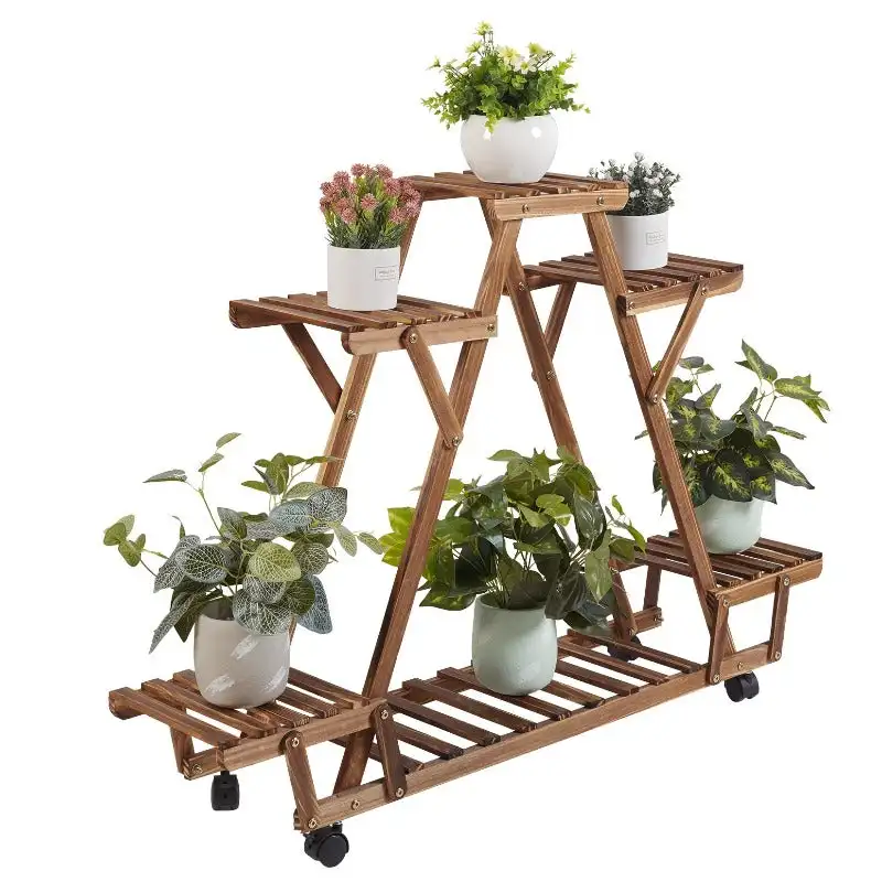 Multi-Tier Lockable Wheel Rolling Wooden Plant Stand Holder Tray ...