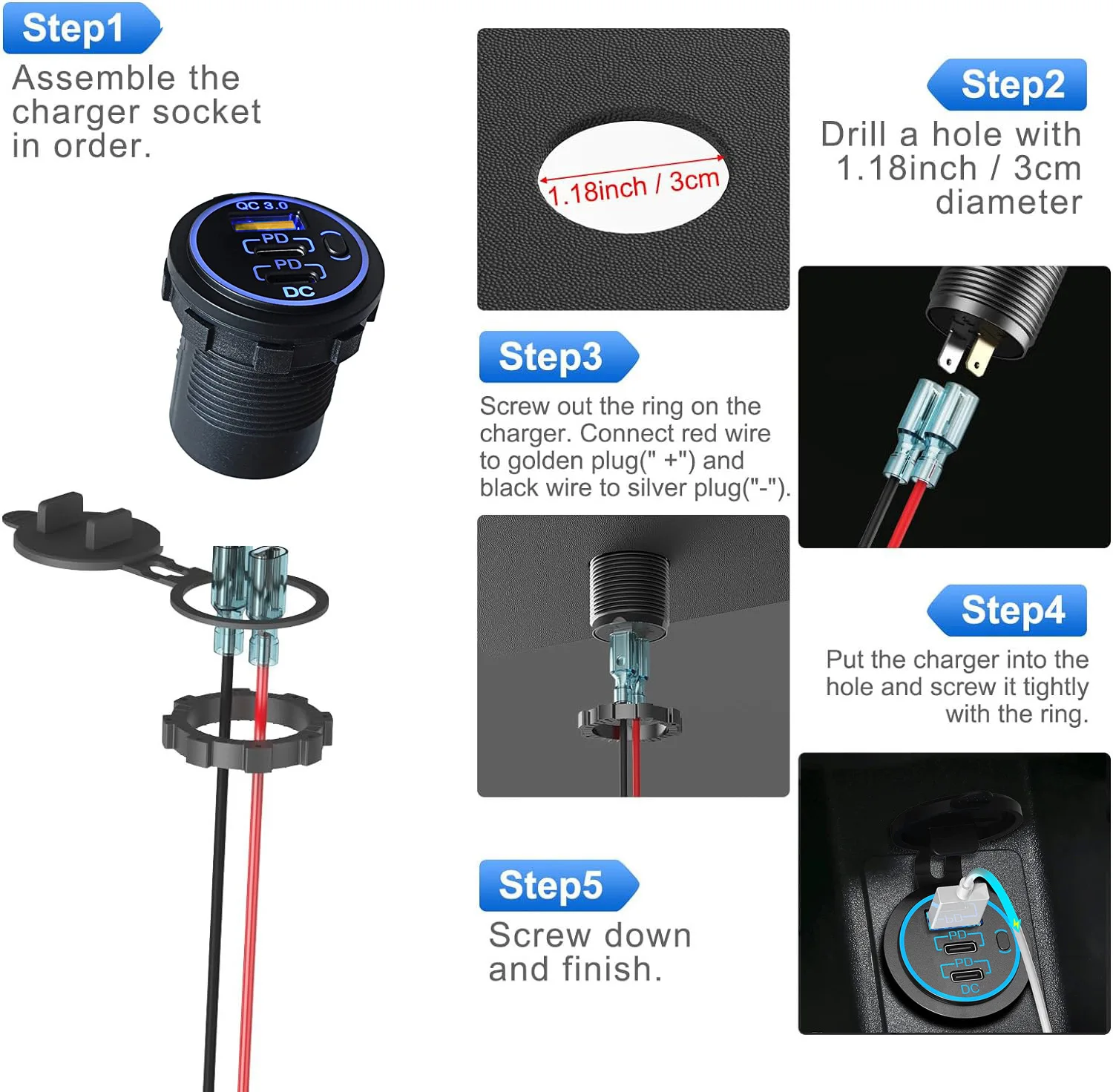 12V Dual PD USB-C 30W with 18W QC3.0 Fast Charger Socket Adapter for ...
