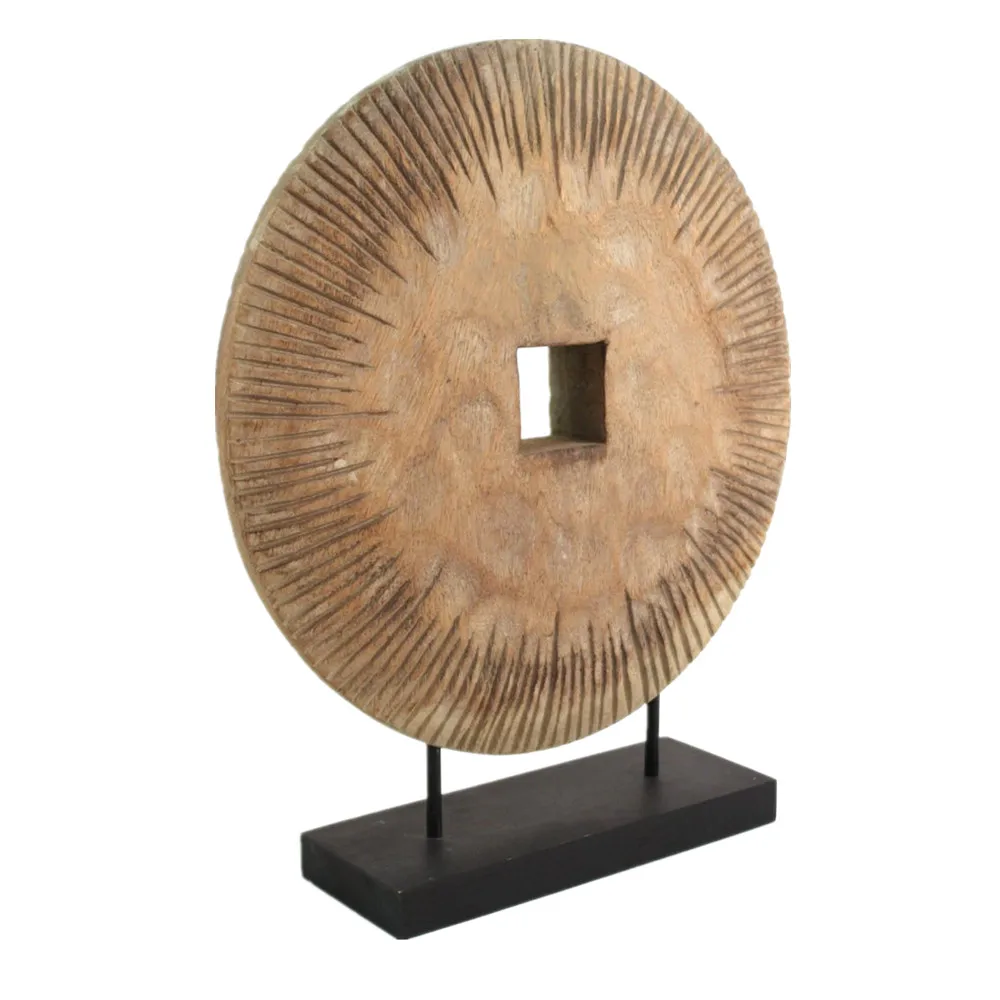 22 Inch Round Teak Wood Art - Weathered Large Disc Decoration