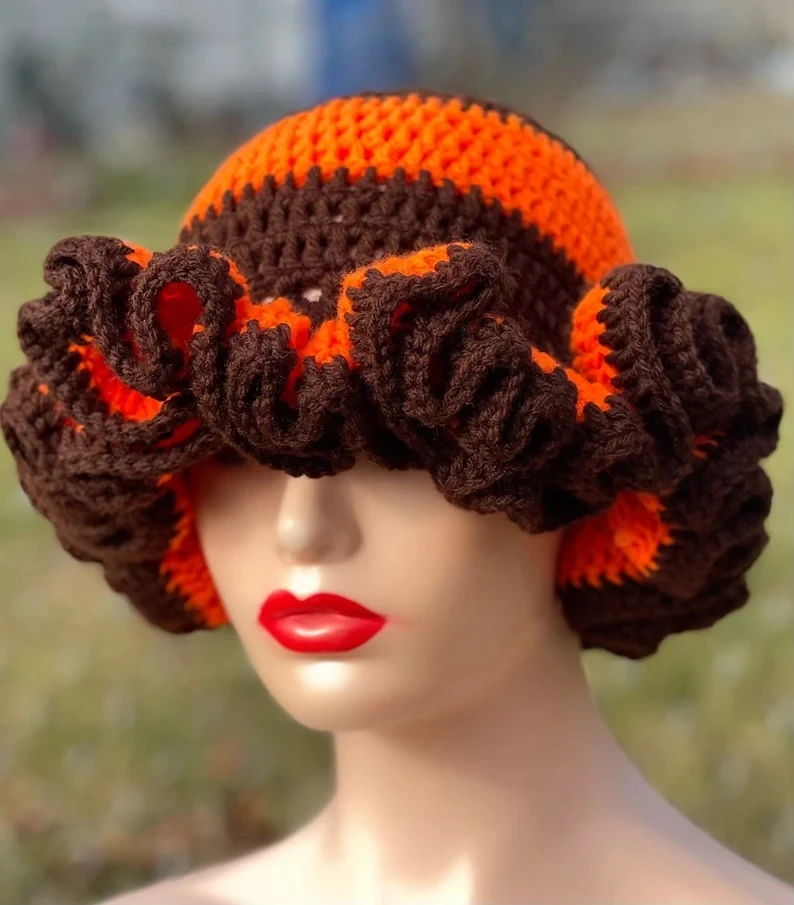 Custom Crochet Fall Colors Crochet Ruffle Bucket Hat For Sun Summer ...