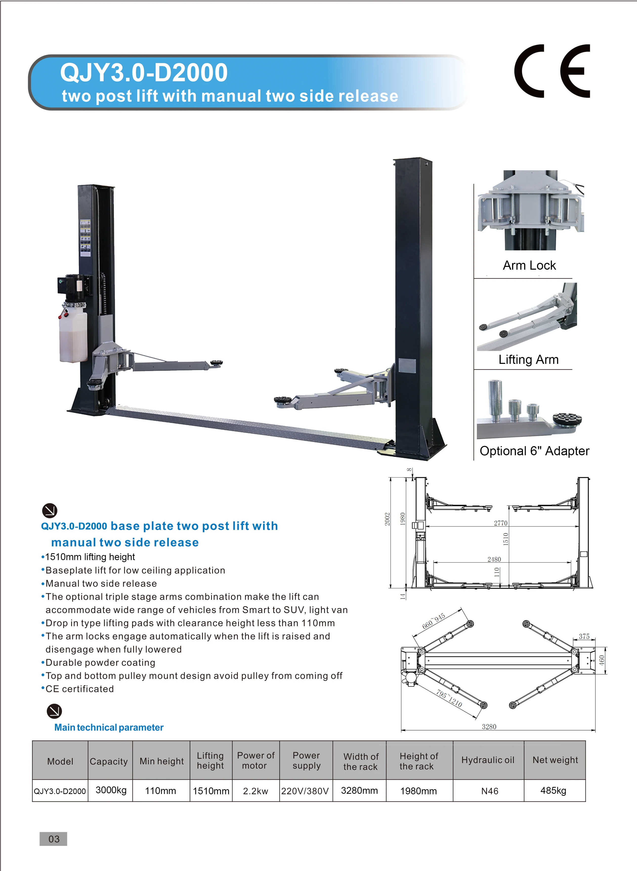 Hydraulic 2 Post Car Lift - Double Cylinder Vehicle Elevator