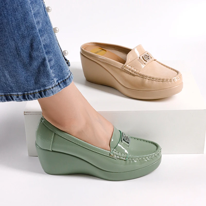 Women Wedges High Heels Mules 6cm Casual Pu Leather Close Shoes Metal ...