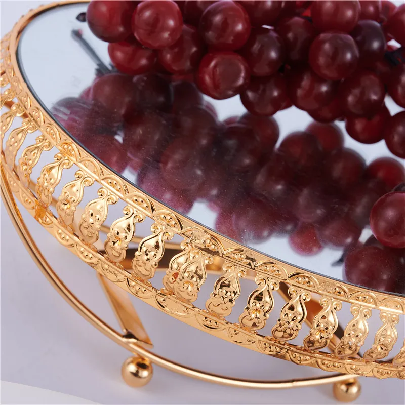 Round Gold Metal Mirror Hanging Afternoon Tea Storage Rack Glass Footed ...